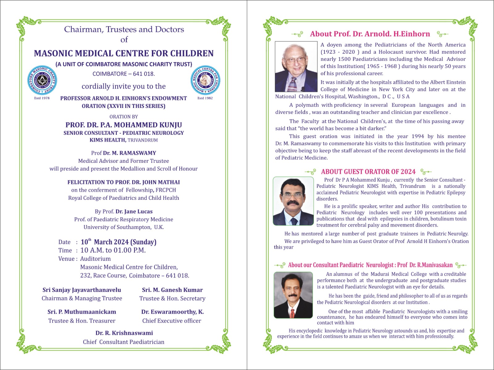 Prof. Arnold.H.Einhorn’s Endowment Oration – Masonic Medical Centre for Children